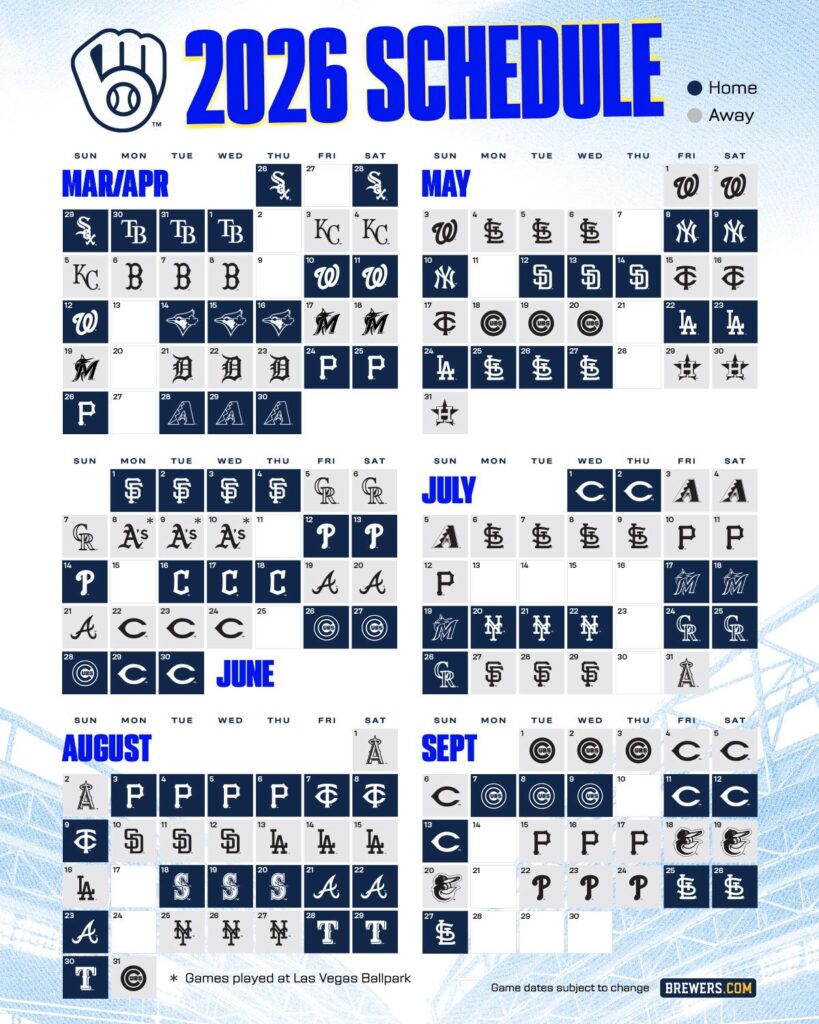 Brewers announce 2026 regular season schedule; opens at home for first ...