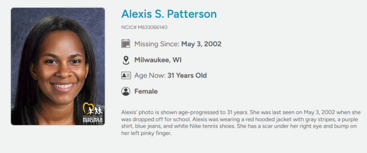New age-progressed photo of Alexis Patterson who went missing in 2002 ...